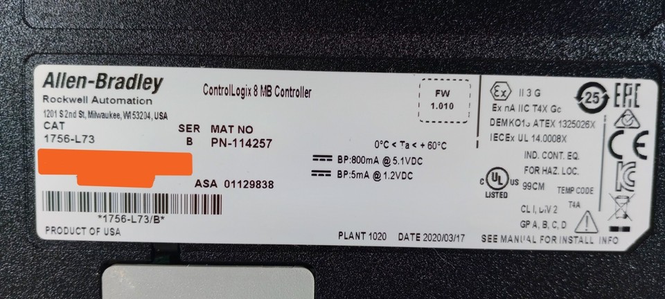 Allen Bradley 1756-L73 /B ControlLogix Logix5573 Processor USB EtherNet ...