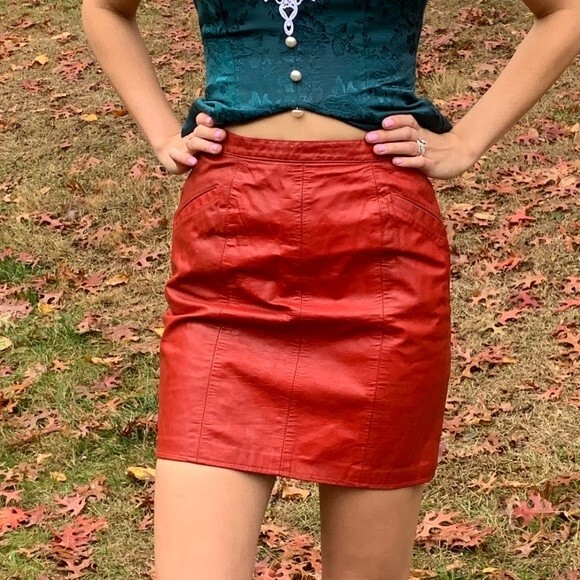 Vintage Rene' Derval Paris Red Leather High Waist Pen… - Gem