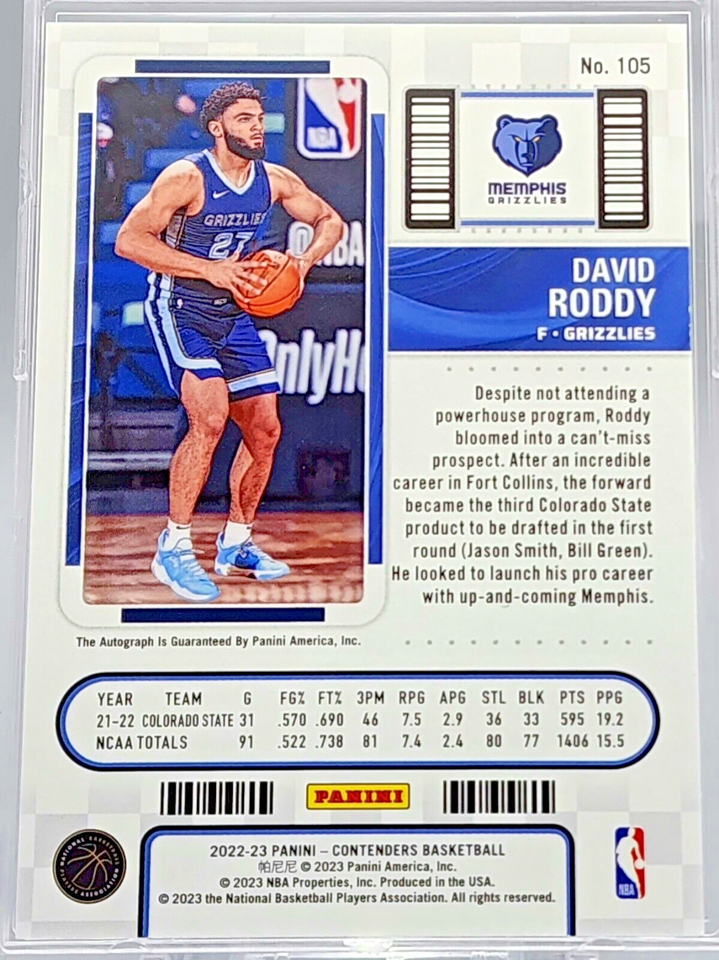 David Roddy On Card Auto 2022-23 Contenders 105 Rookie Ticket RC ...