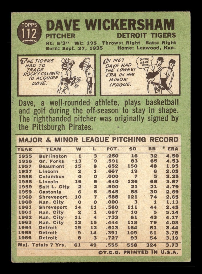 Dave Wickersham 1967 Topps #112 Detroit Tigers Excellent | eBay