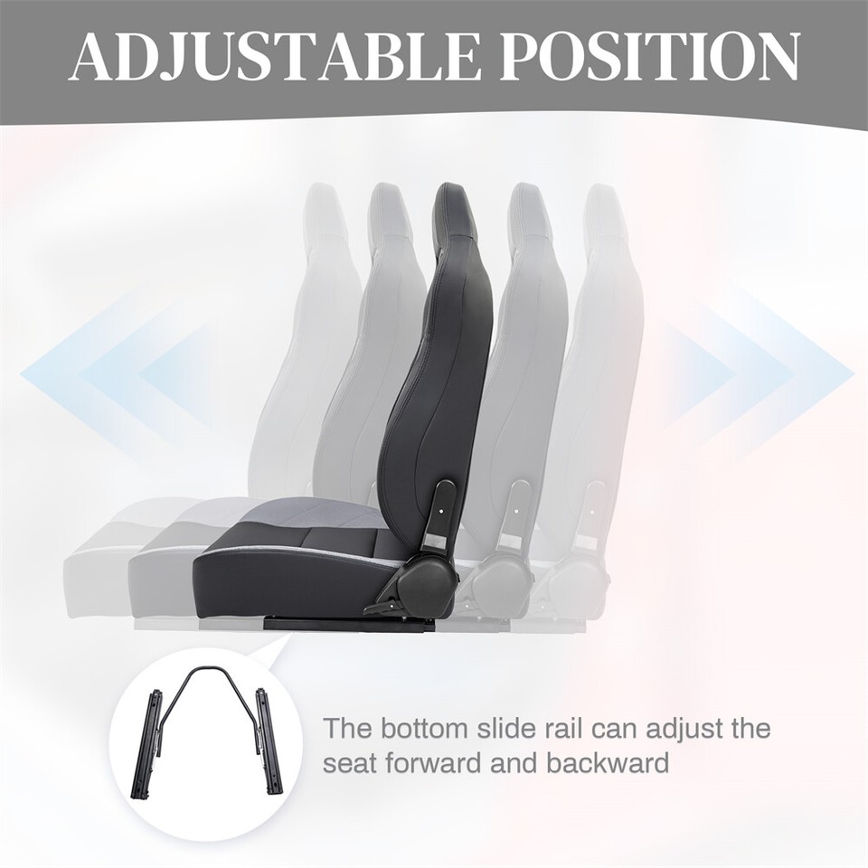 1 Pair Black+Gray Racing Seats PU Leather Reclinable Sport Bucket with ...