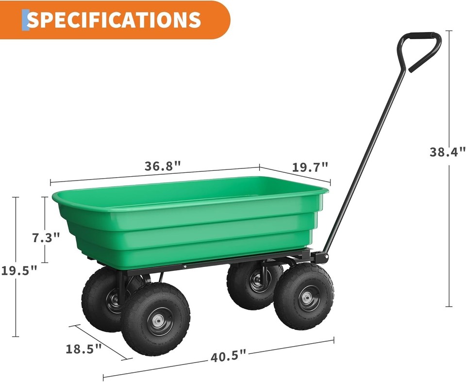 Heavy Duty 600LB Garden Dump Cart 10" Tires 180° Quick Release Rotating ...