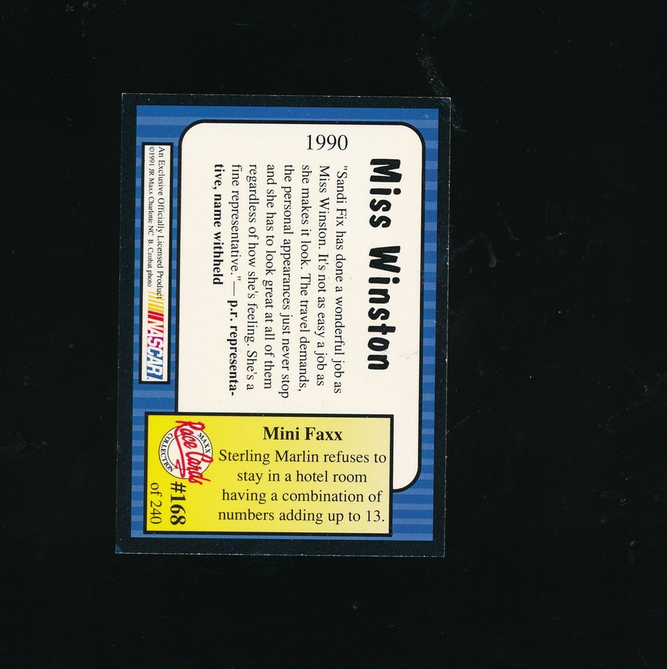 1991 MAXX NASCAR #168 MISS WINSTON card signed autograph Sandi Fix ...