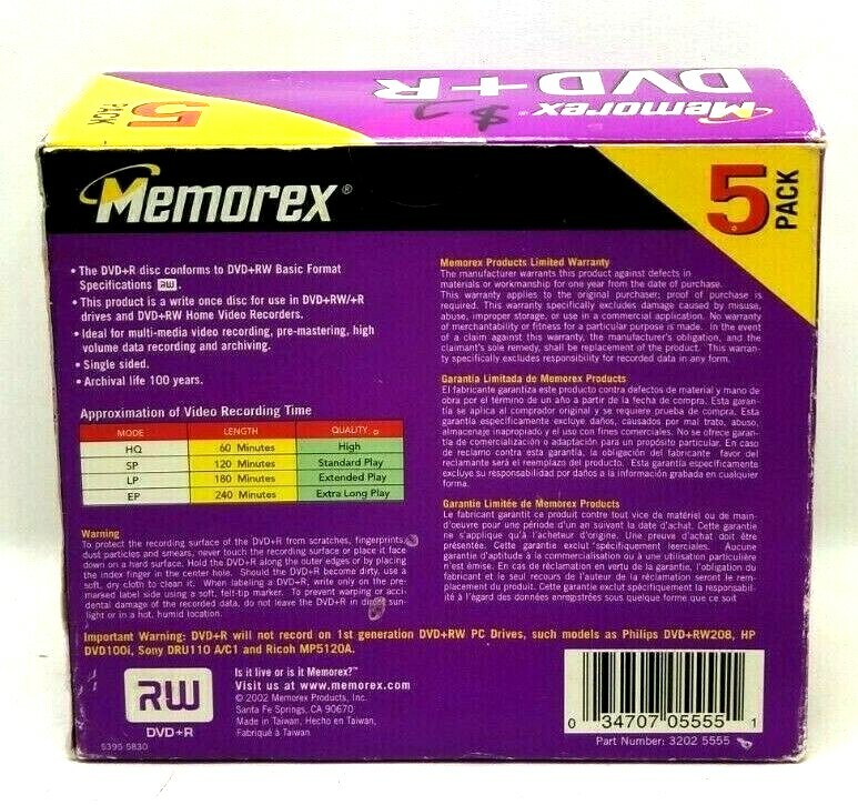 Memorex DVD+R 5 pack 4.7 GB 120 Minutes Recordable Blank DVD w/ Cases ...