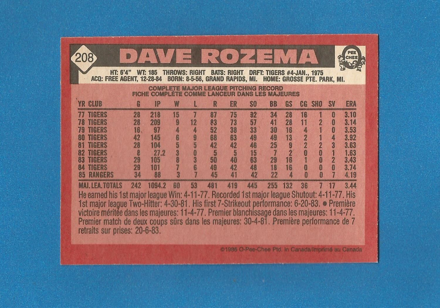 Dave Rozema 1986 O-Pee-Chee OPC MLB Baseball #208 (NM+)(OC) Texas ...