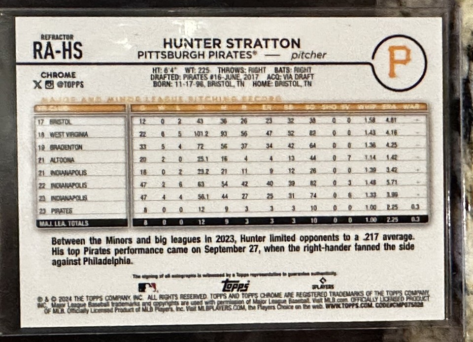 2024 Topps Chrome Pirates Rookie Auto Hunter Stratton #RA-HS Autograph ...