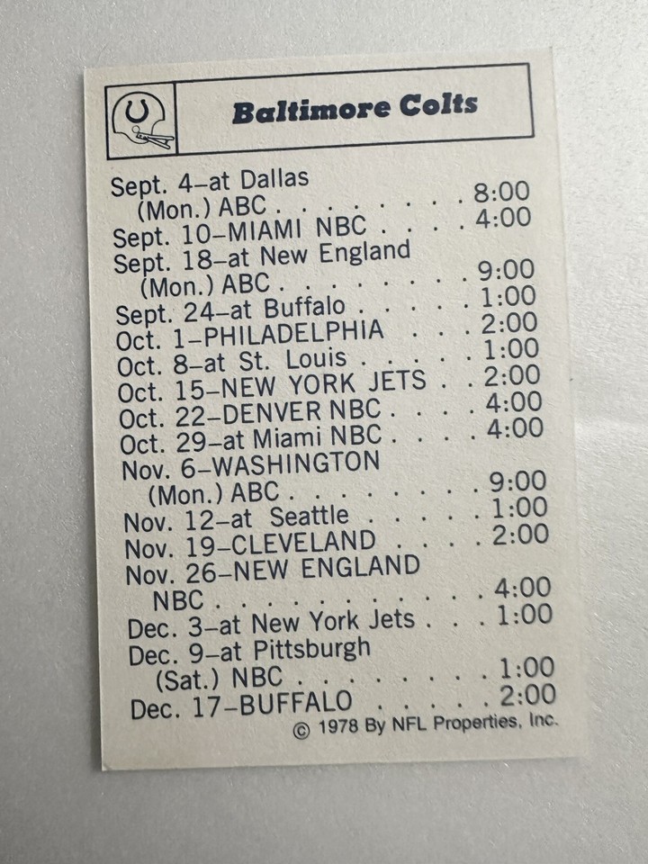 1978 BALTIMORE COLTS NFL Football Roster Game Schedule Pocket Roster ...