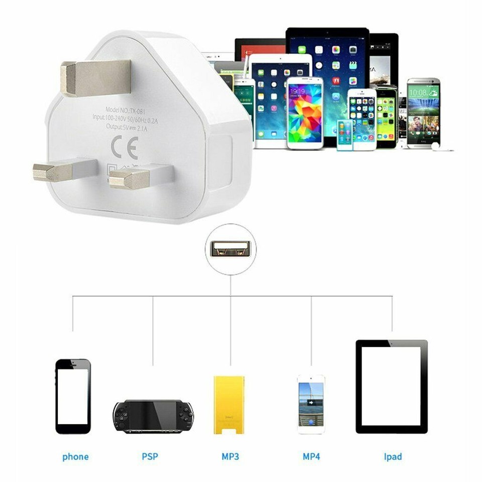 UK Plug 3-Pin USB Plug Adapter Charger Wall Socket USB Ports For Phones ...