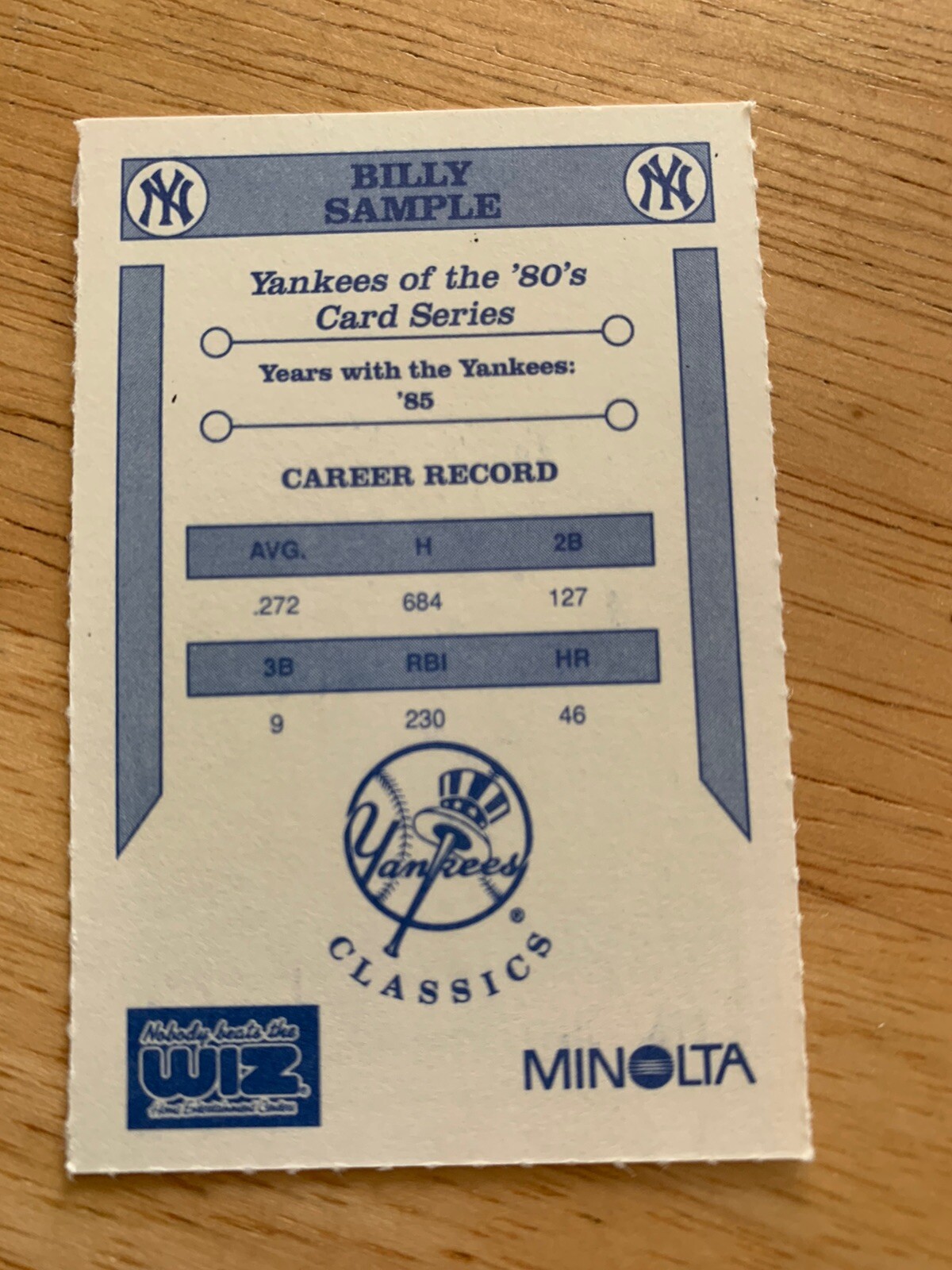 BILLY SAMPLE SIGNED 1992 NEW YORK YANKEES 1980’S WIZ SGA PROMO BASEBALL ...