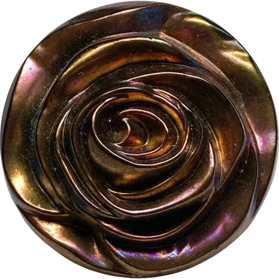1" Gorgeous! Vintage Black Glass Rose Button w Favrile Type Iridescent ...