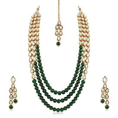 Indian Traditional Green Beads Long Necklace Tikka Earring Kundan ...