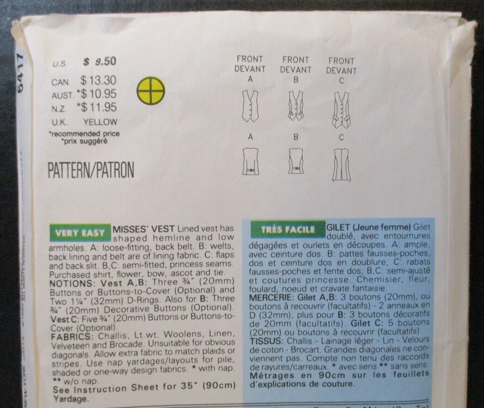 Butterick Pattern 6417 Misses Size XS-S-M Vests Cut Complete Vintage ...