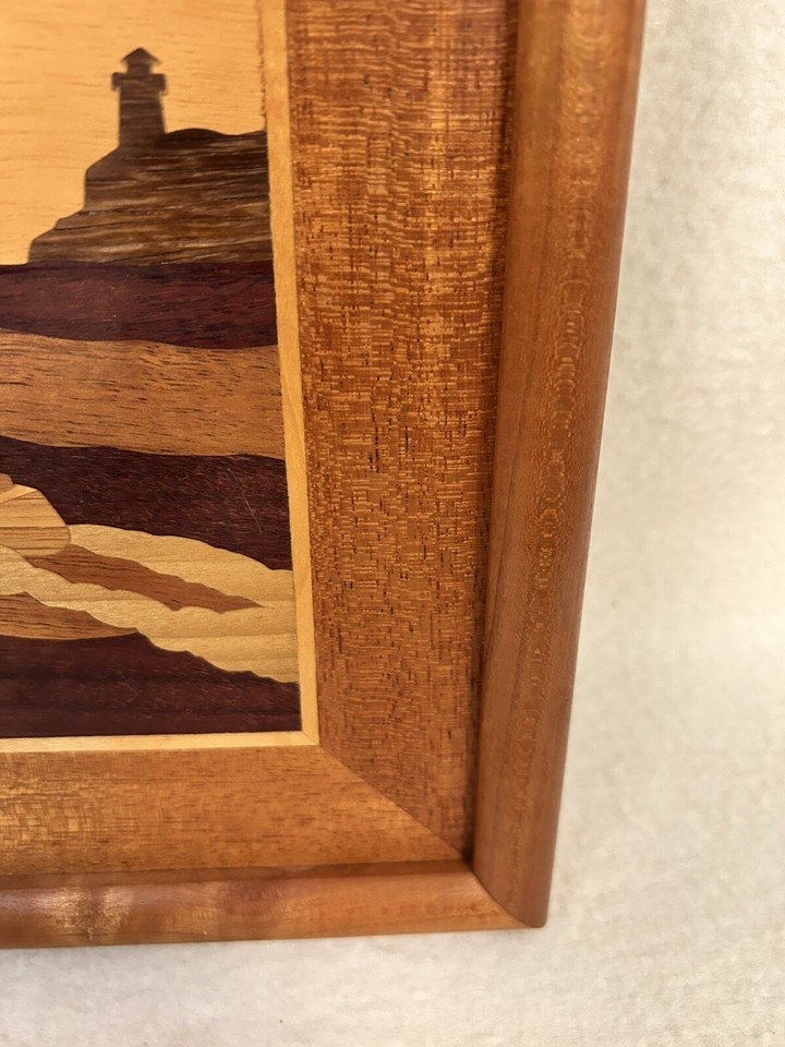 MCM RARE Vintage Wood Marquetry Inlay Picture Sailboat & Lighthouse USA ...