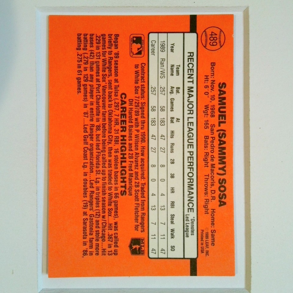 #489 Sammy Sosa RC 1990 Donruss Rated Rookie MLB Baseball Chicago White ...