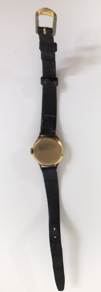 9ct Gold Cased Vintage Cyma Cymaflex Watch Black Leather Strap (Hea ...