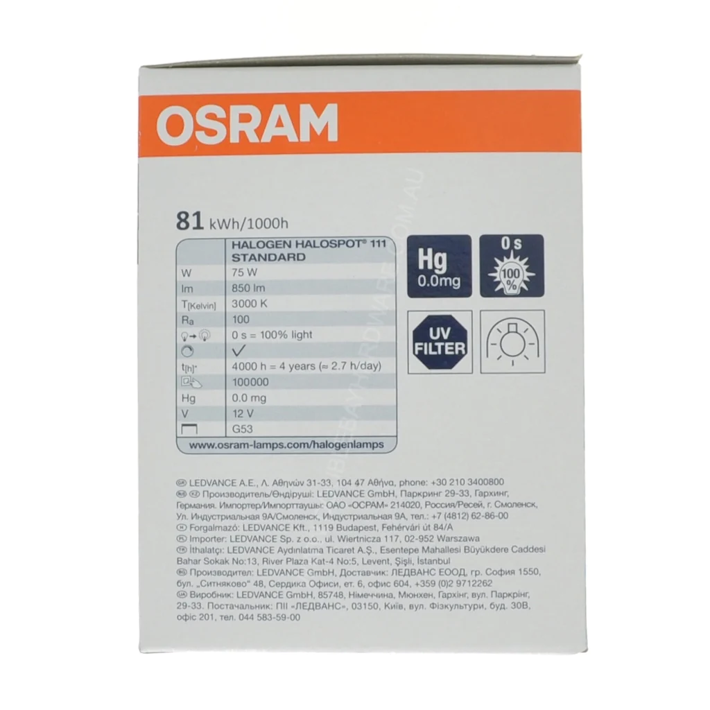 OSRAM HALOSPOT 111 Halogen Light Bulb AR111 G53 12V 75W 24° 41840FL ...