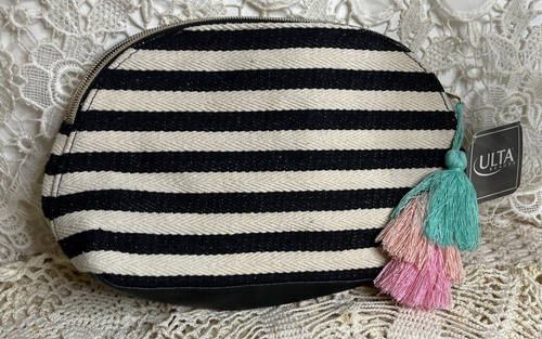 Ulta Makeup Cosmetic Pouch Bag Black Ivory NWT Striped Tassels Zip ...