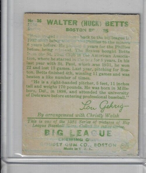 Original 1934 Goudey Walter "Huck" Betts #36 Low Grade | eBay