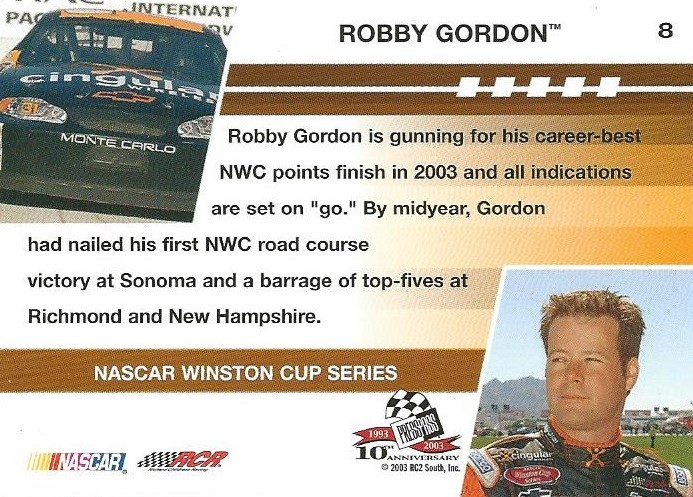 ROBBY GORDON AUTOGRAPHED 2003 PRESS PASS OPTIMA RACING NASCAR TRADING ...