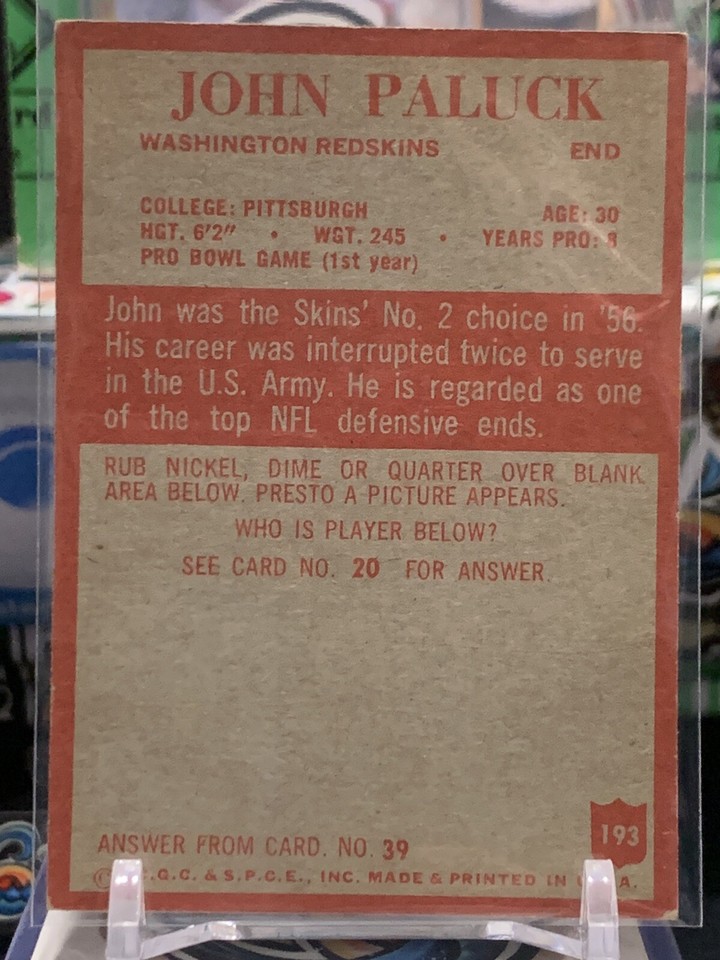 1965 Philadelphia John Paluck #193 Washington Redskins JH4N | eBay
