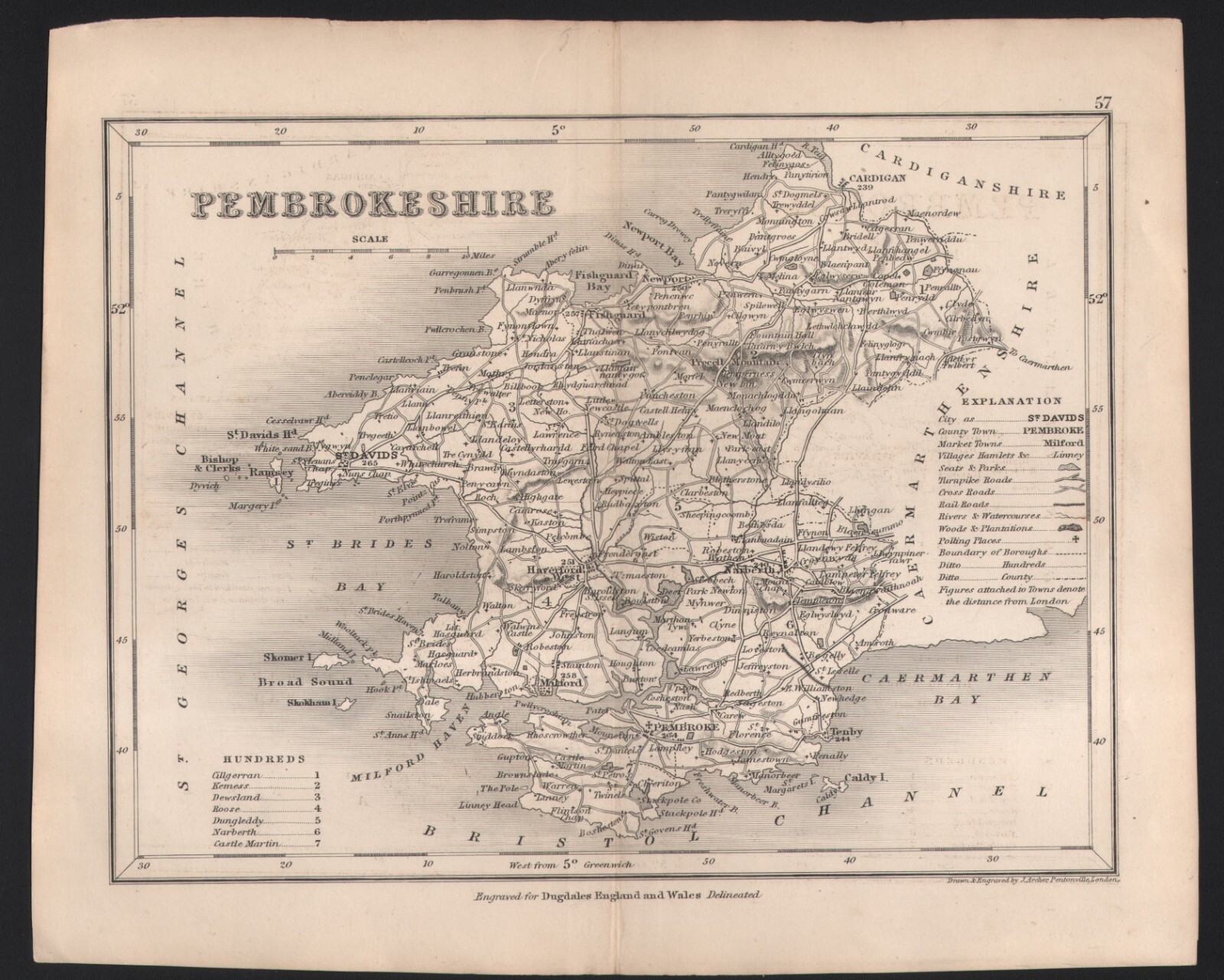 1845 Antique Map of Pembrokeshire Wales by Joshua Archer – Original ...