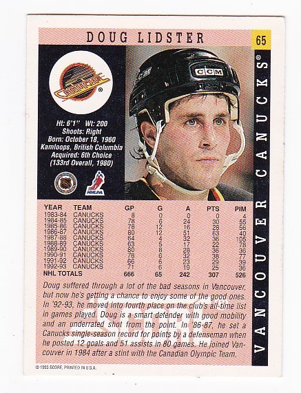 DOUG LIDSTER AUTOGRAPHED CARD 1993-94 SCORE VANCOUVER CANUCKS | eBay