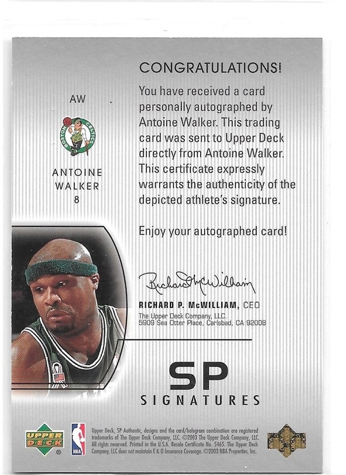 2002-03 SP Authentic Antoine Walker SP Signatures on Card Auto #AW ...