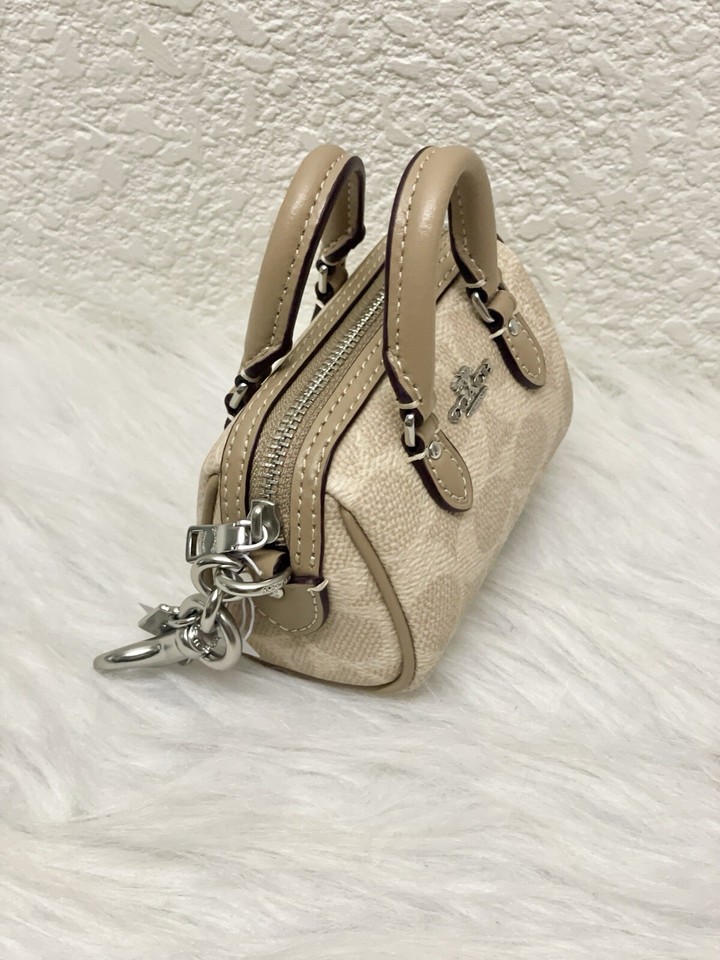 NWT COACH Mini Rowan Satchel Bag Charm In Signature Canvas Sand/Taupe ...