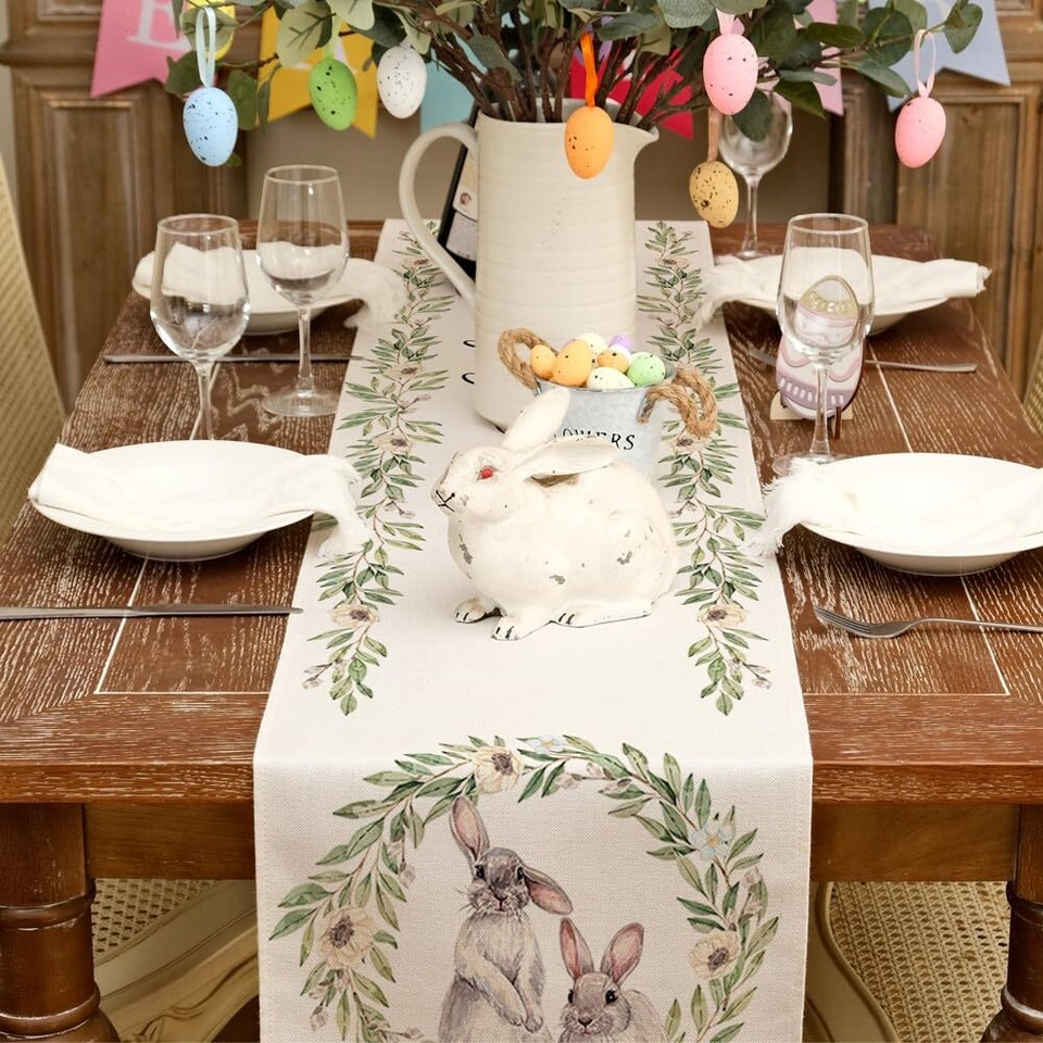 Happy Easter Table Runner 13X72 Inches Bunny Rabbit Leaf Floral Spring ...