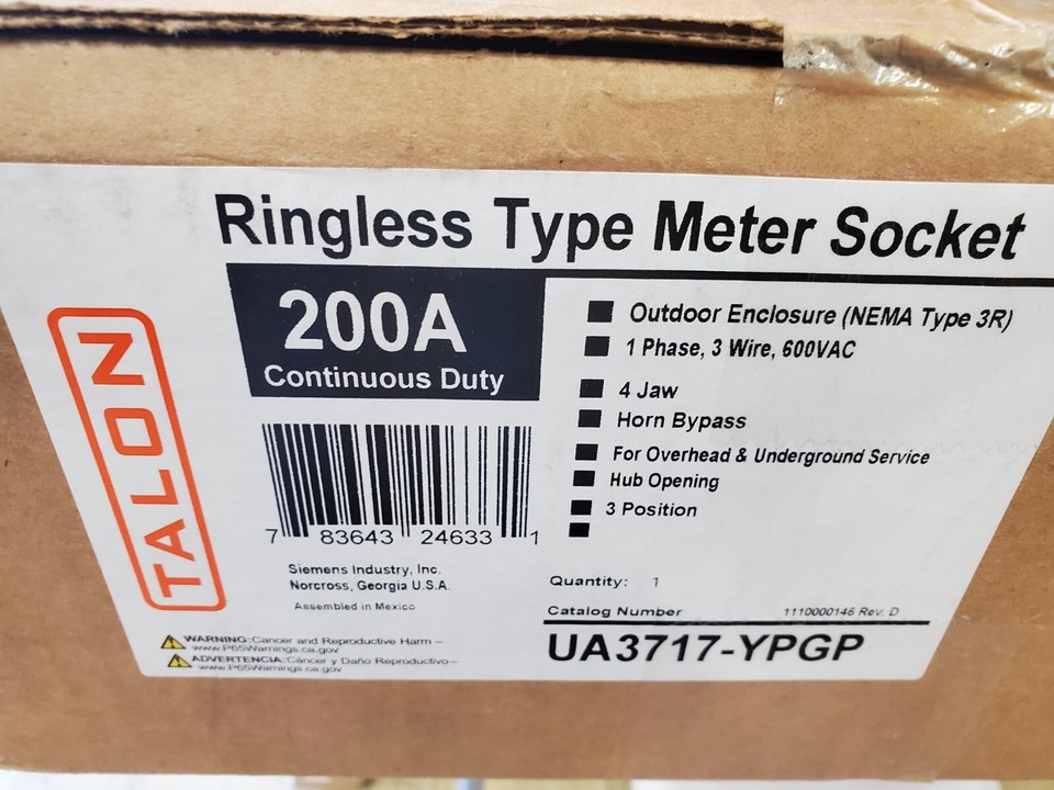 Siemens UA3717-YPGP 270 A Max. 3 gang meter base. 200 amp per position ...