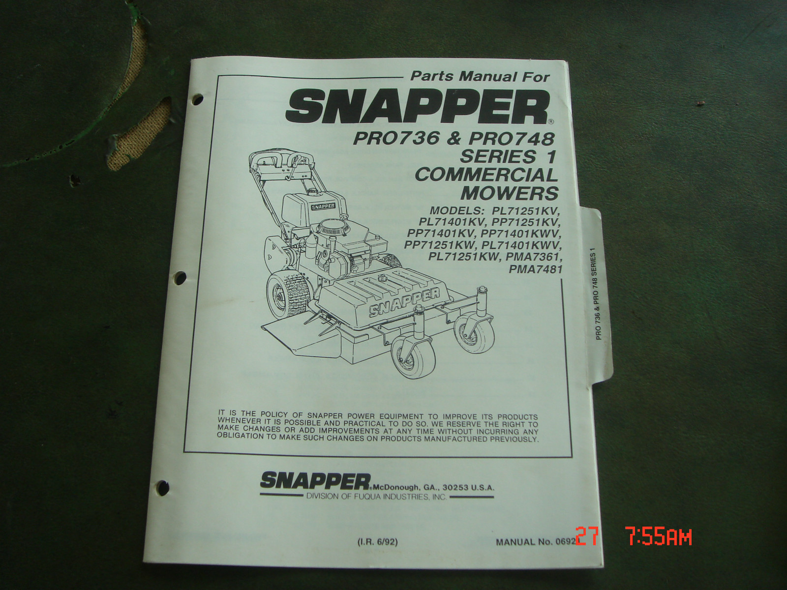 SNAPPER PRO 736 & PRO 748 COMMERCIAL MOWERS PARTS MANUAL | eBay
