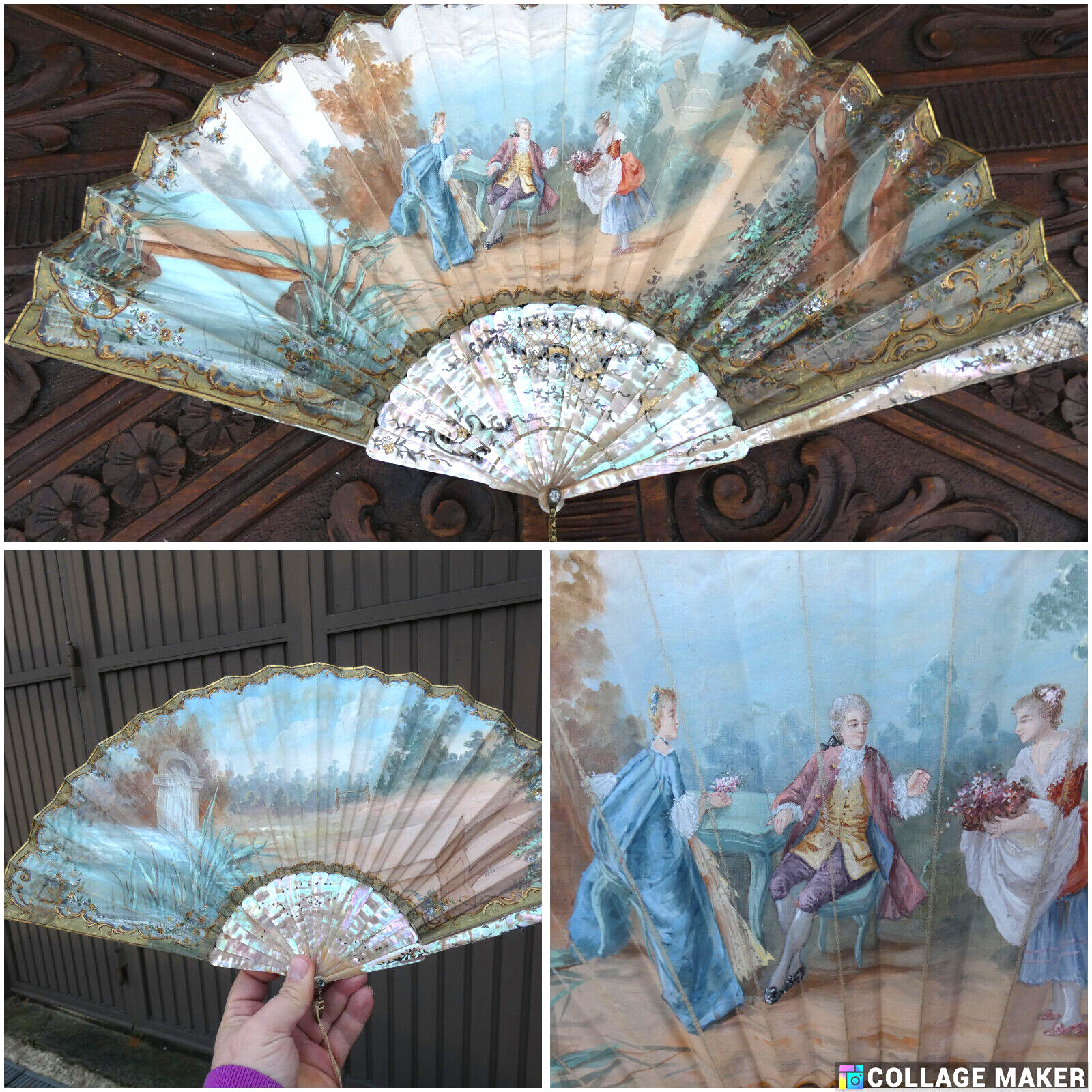 Antique SIGNED FRENCH HAND PAINTED paper FAN ETCHED … - Gem
