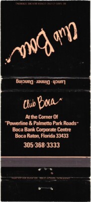 Boca Raton Florida Club Bora Lunch Dinner Dancing Vintage Matchbook ...
