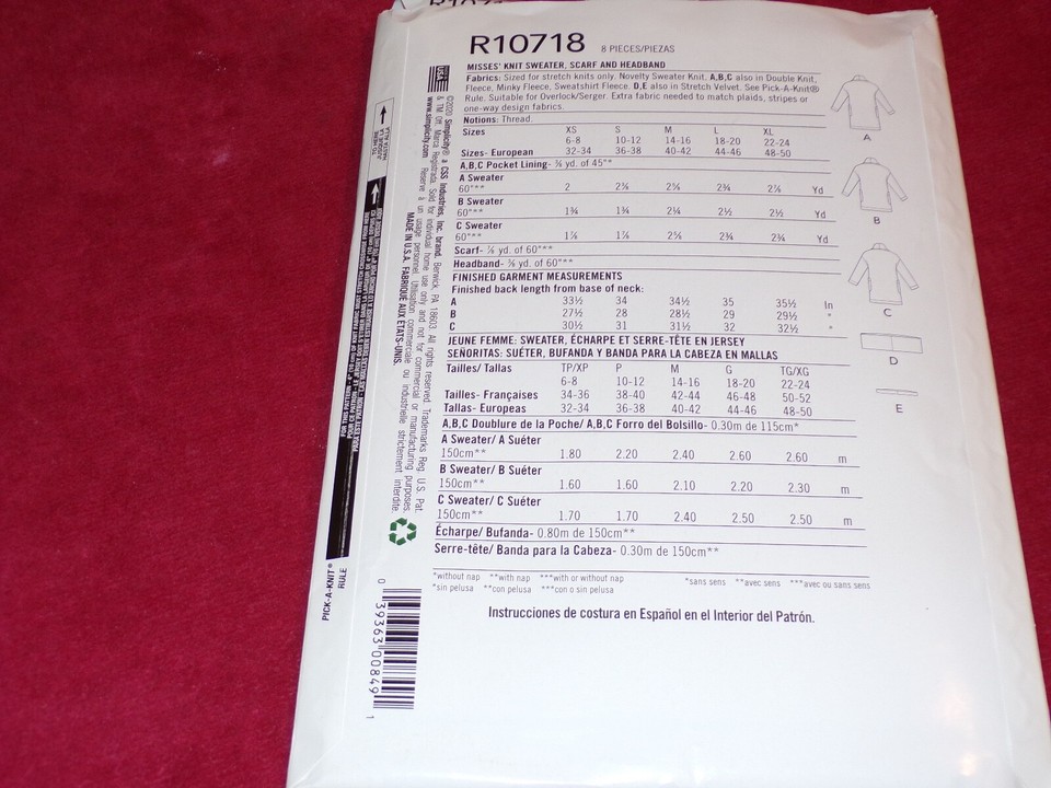 🌸 SIMPLICITY #R10718 - LADIES CASUAL SWEATER-SCARF-HEADBAND PATTERN XS ...