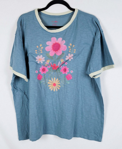 Natural Life Womens L T-Shirt Floral Graphic Print Short Sleeve Blue ...