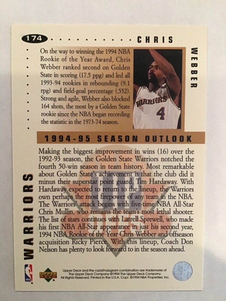 #174 Chris Webber Collectors Choice Silver Signature 1994-95 Upper Deck ...