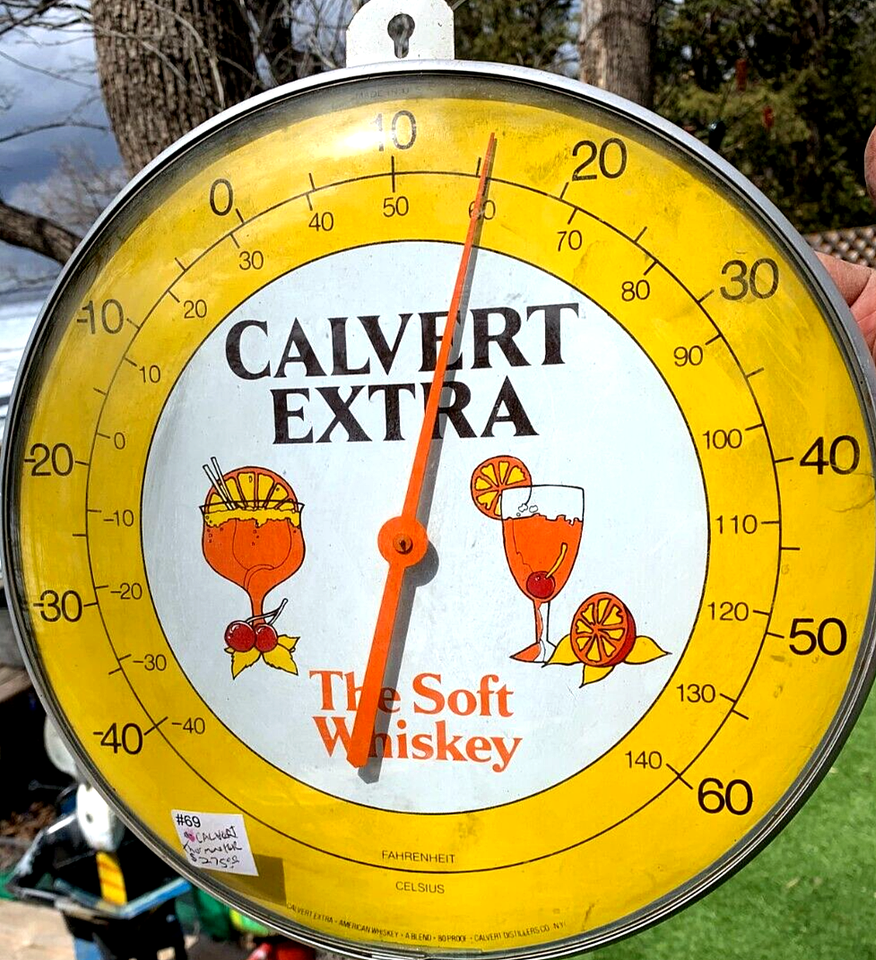 Vintage 12 inch Round Glass Calvert Extra Whiskey thermometer Sign ...
