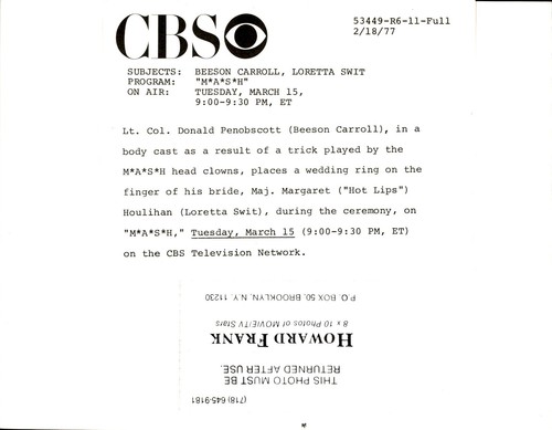 BR44 1977 Rare Original Photo BEESON CARROLL LORETTA SWIT MASH Actors ...