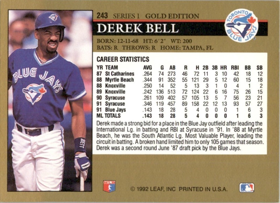 1992 Leaf Black Gold Derek Bell Toronto Blue Jays #243 Baseball Card | eBay