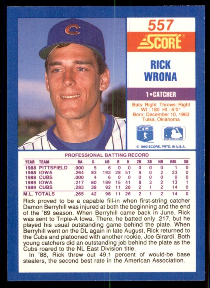 1990 Score Rick Wrona Baseball Cards #557 | eBay