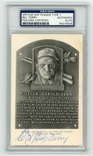 Bill Terry Artvue Type 1 Signed Auto Baseball HOF Plaque Postcard PSA ...