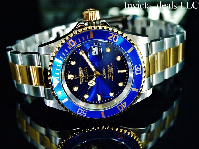 Invicta Men's 40mm Pro Diver SUBMARINER BLUE DIAL Gold IP Two Tone 200m ...