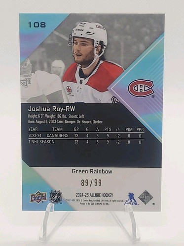 Joshua Roy 2024-25 Upper Deck Allure RC Rookie Gold Glitter Bomb /99 ...