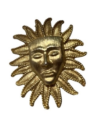 Vintage Sun God Brooch Pin Gold Tone Brushed Large Signed M JENT Tribal ...