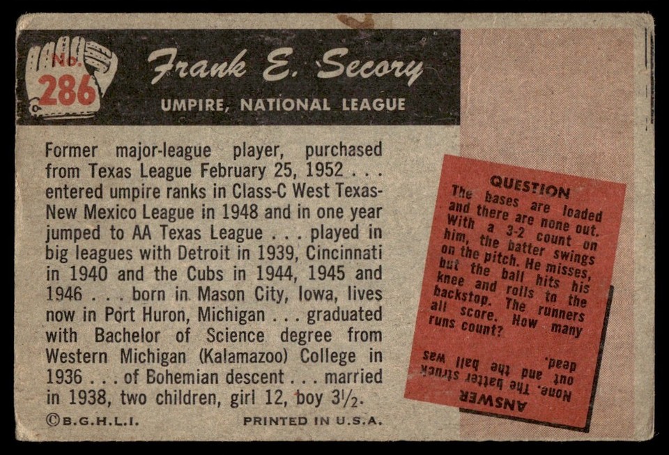 1955 Bowman Baseball Card Frank Secory Umpire #286 VG | eBay