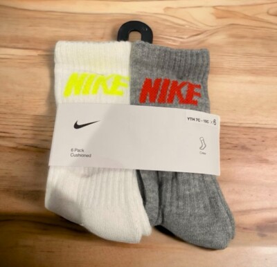NIKE Boys Socks Crew Cushioned School Everyday Kids 6 Pair Shoe Size 7C ...