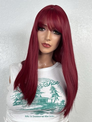 Crimson Red Wine Long Straight Human Hair Blend Wig Full Bangs No Lace ...
