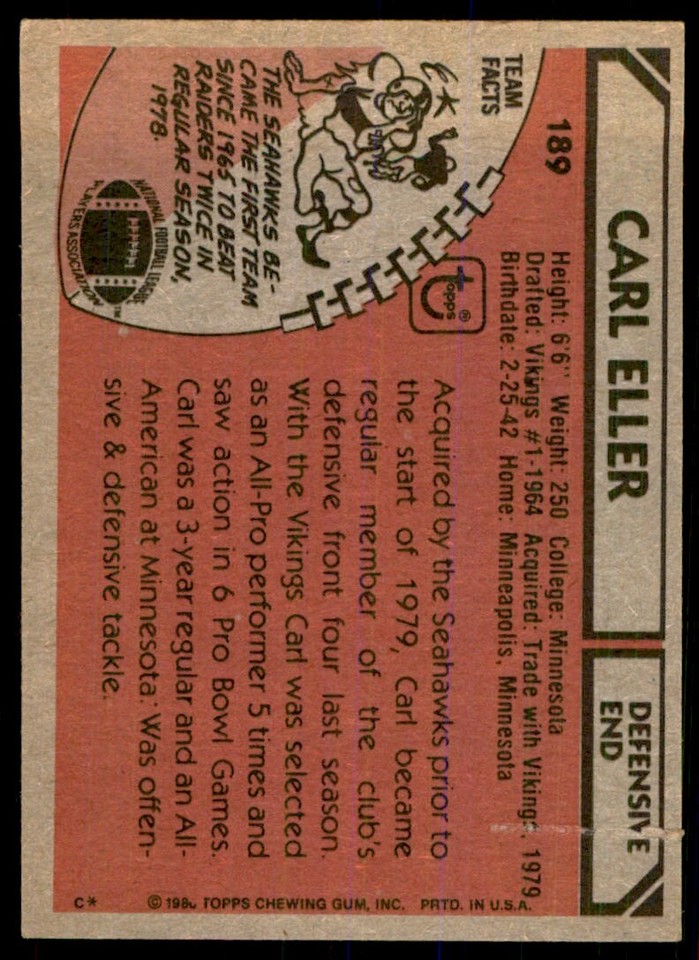 1980 TOPPS.FOOTBALL CARL ELLER SEATTLE SEAHAWKS #189 | eBay