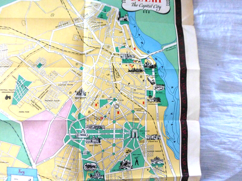 VINTAGE ILLUSTRATED MAP MAPS DELHI HOSPITALS CLUBS CINEMAS AIRLINES ...