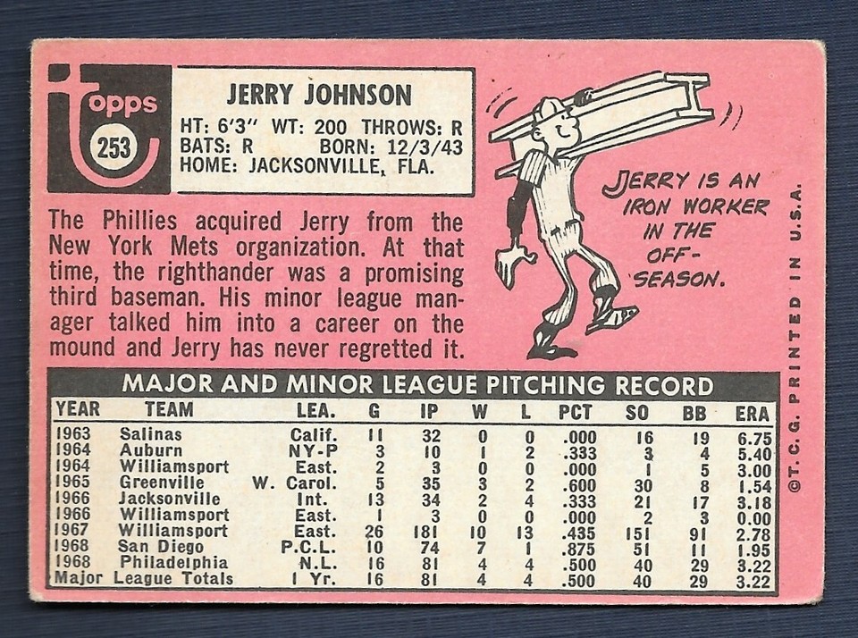 1969 Topps Jerry Johnson #253 Philadelphia Phillies VGEX- | eBay